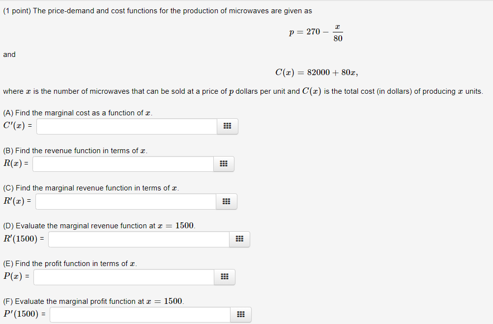 Solved (1 point) The price-demand and cost functions for the | Chegg.com