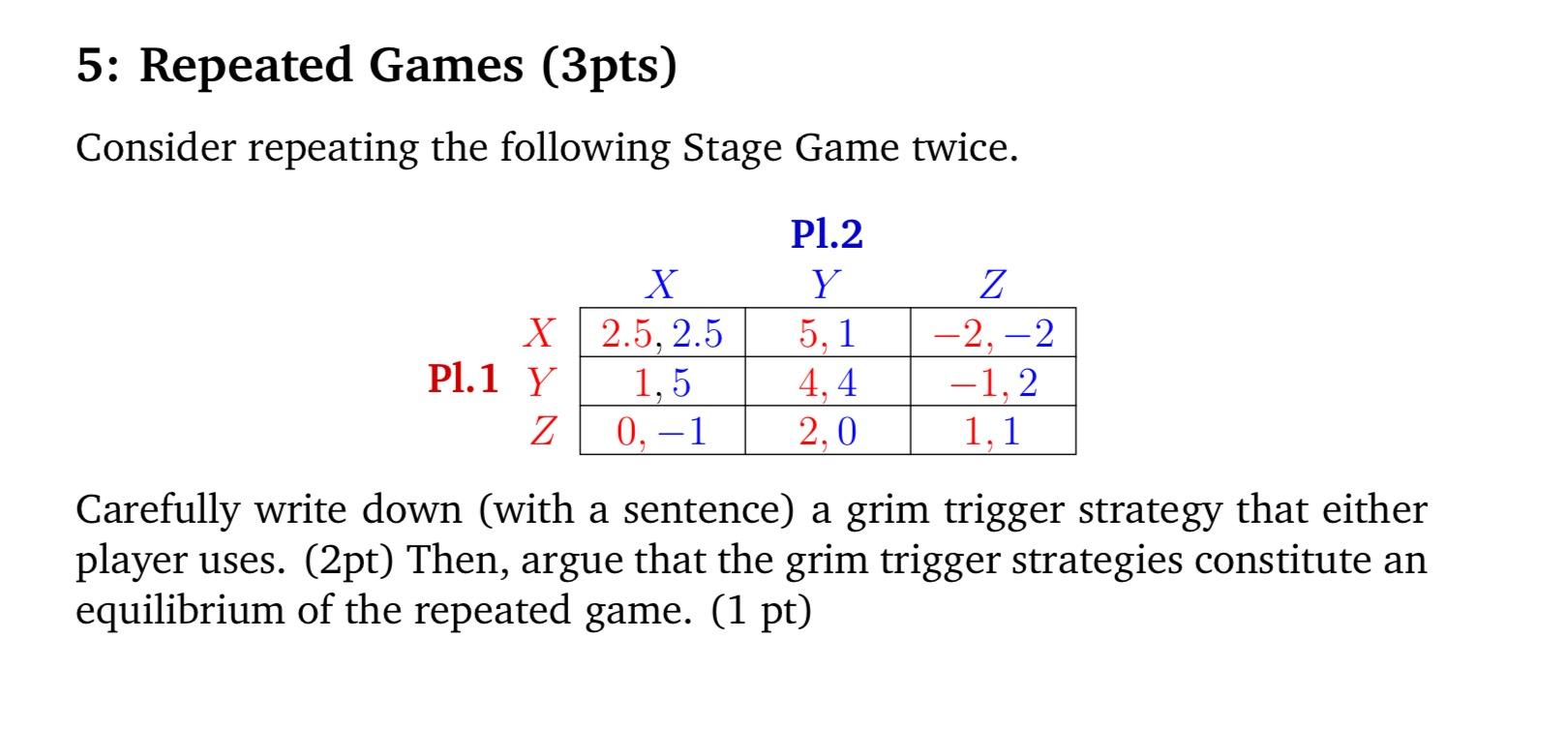 Solved 5: Repeated Games (3pts) Consider repeating the | Chegg.com