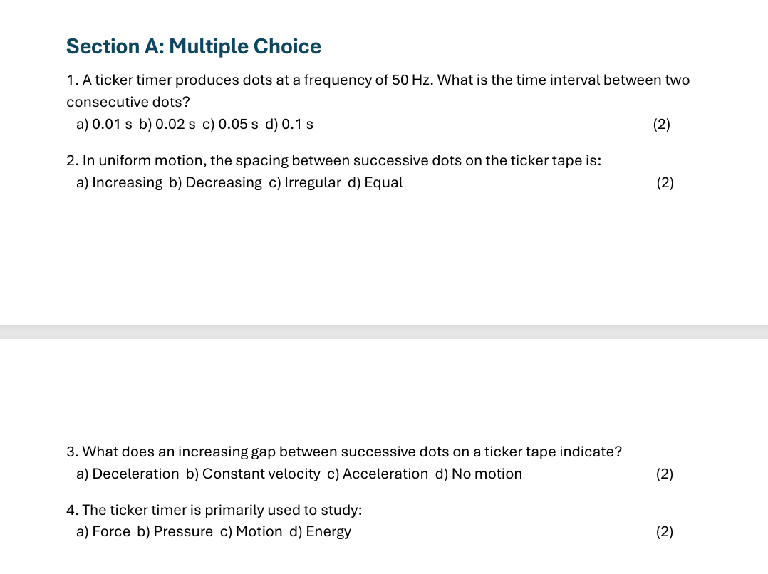 Solved Section A: Multiple Choice 1. ﻿A ticker timer | Chegg.com