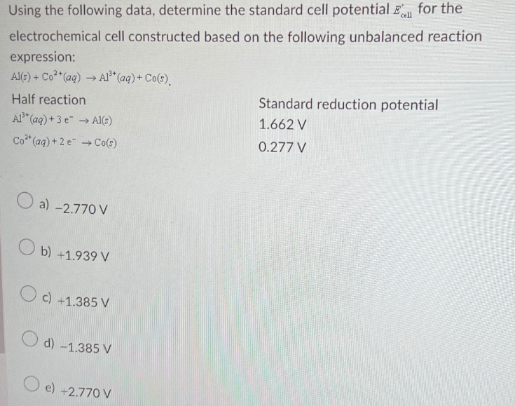 Solved Using the following data, determine the standard cell | Chegg.com