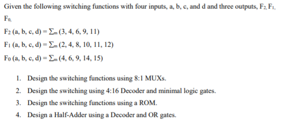 Solved Given the following switching functions with four | Chegg.com