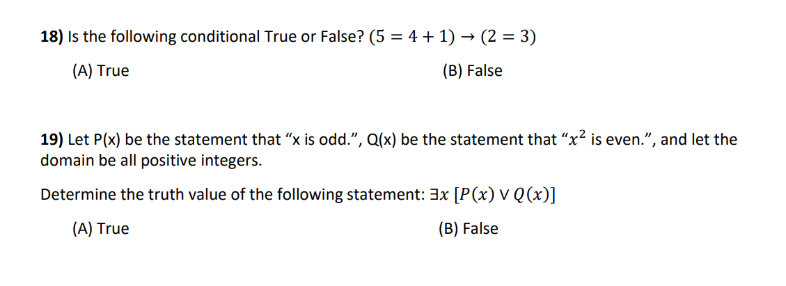 Solved 18) Is the following conditional True or False? | Chegg.com