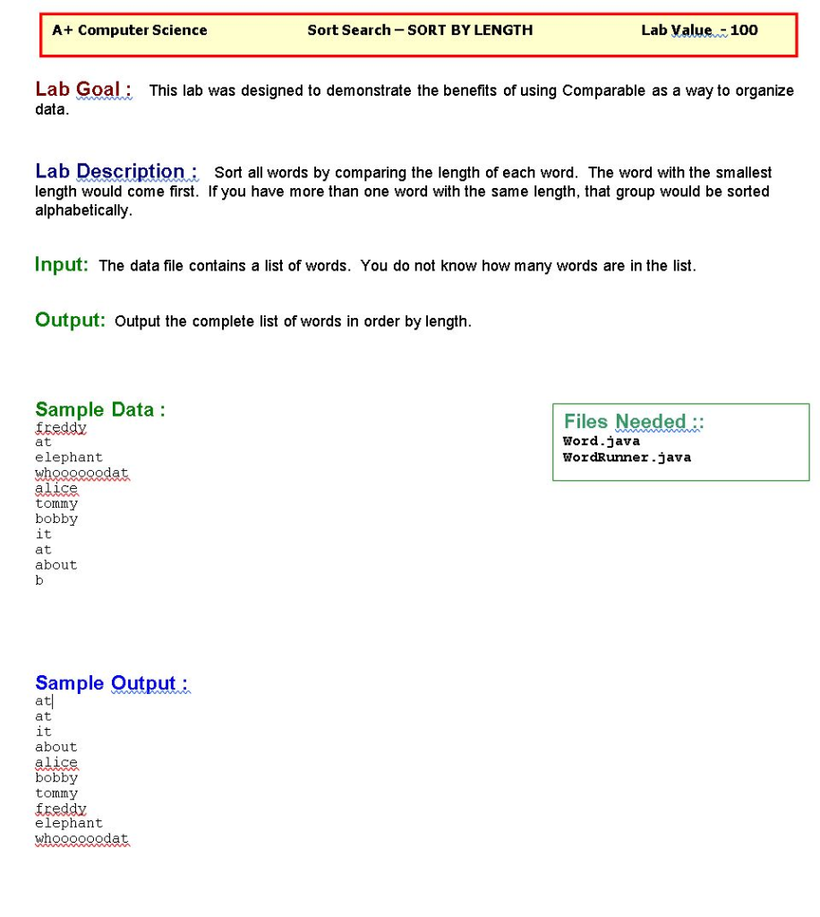 Solved Sort Search-SORT BY LENGTH Lab Value 100 A+ Computer | Chegg.com