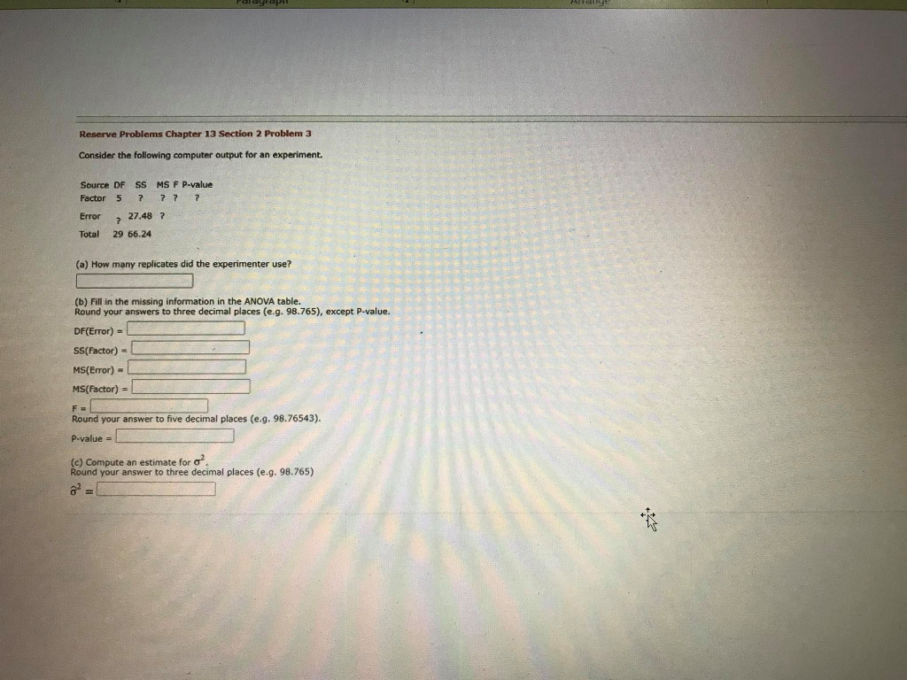 Solved Consider the following computer output for an | Chegg.com