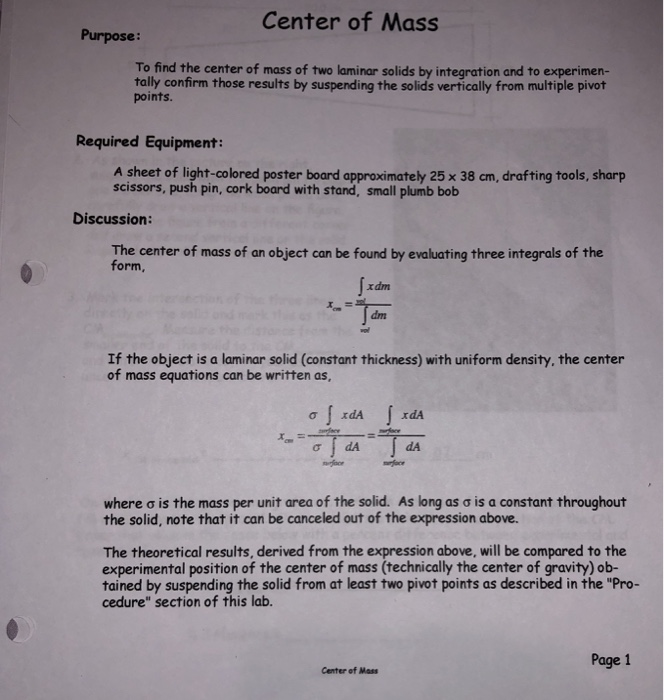 Solved Center of Mass Purpose: To find the center of mass of | Chegg.com