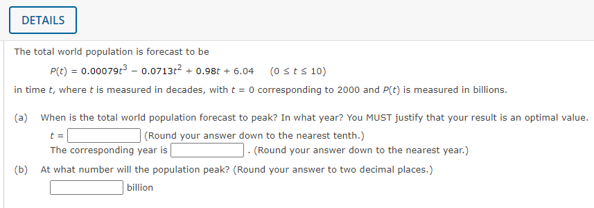 Solved DETAILS The total world population is forecast to be | Chegg.com