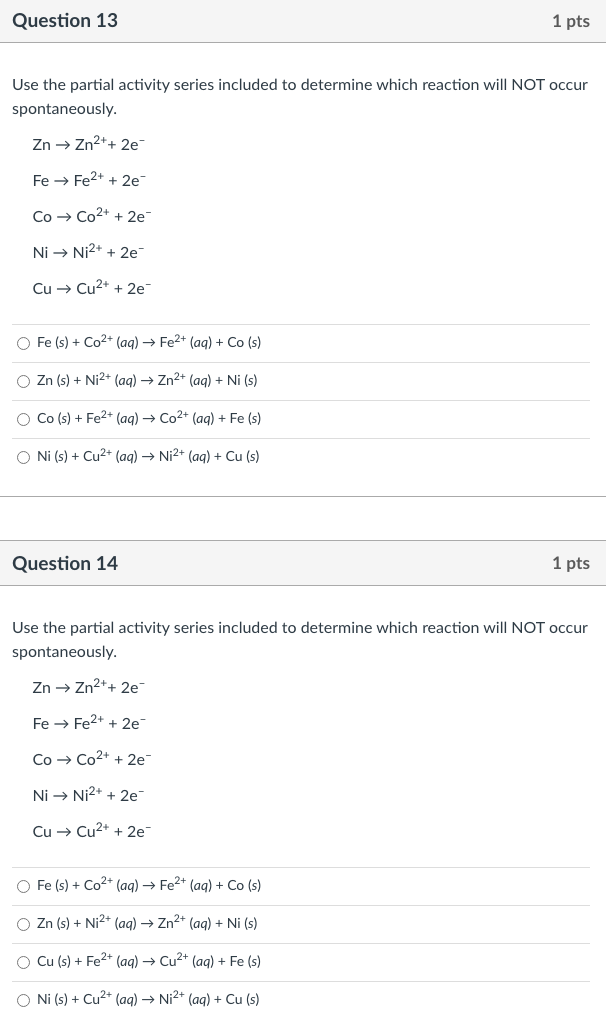 Solved Question 13 1 pts Use the partial activity series | Chegg.com