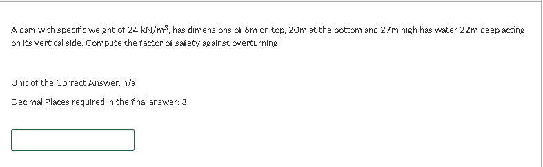Solved A dam with specific weight of 24 kN/m3, has | Chegg.com