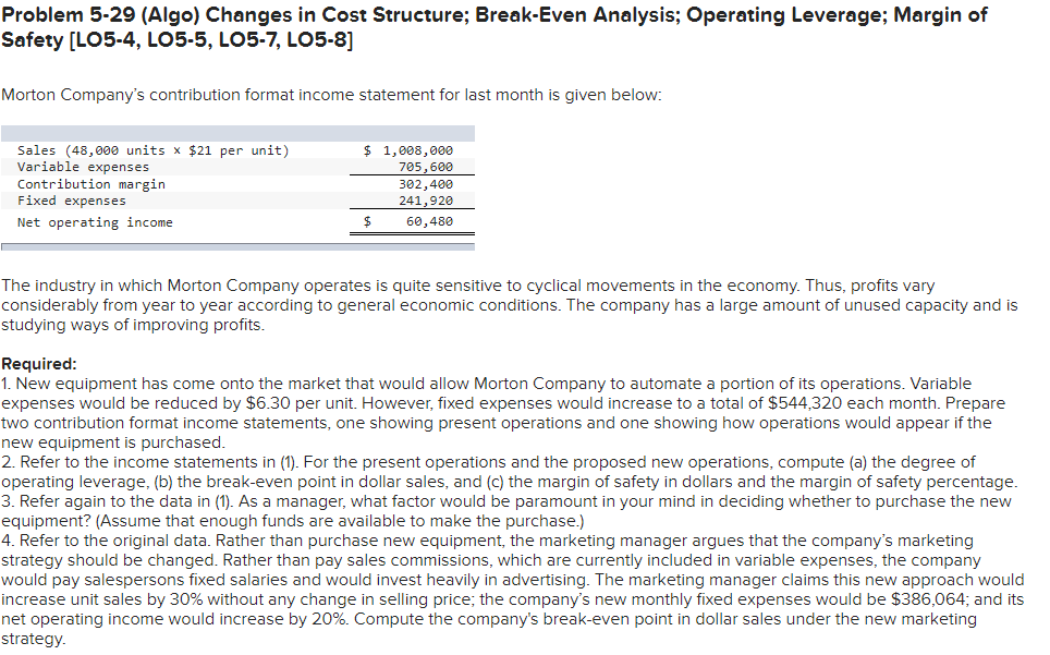 Solved Problem 5-29 (Algo) Changes in Cost Structure; | Chegg.com