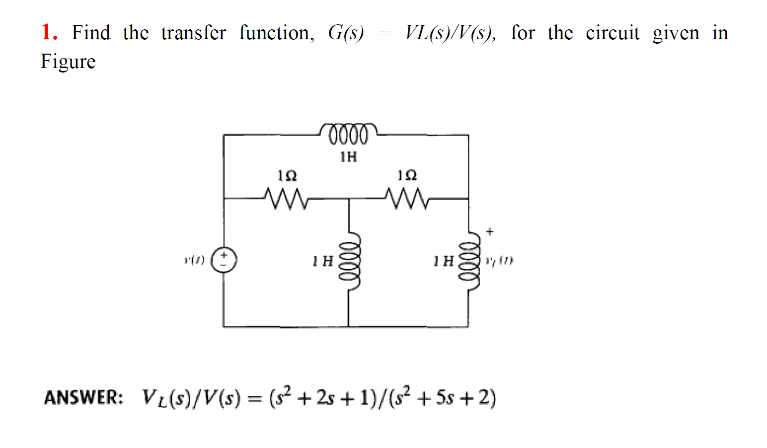 Solved Find the transfer function, G(s)=VLsV(s), ﻿for the | Chegg.com