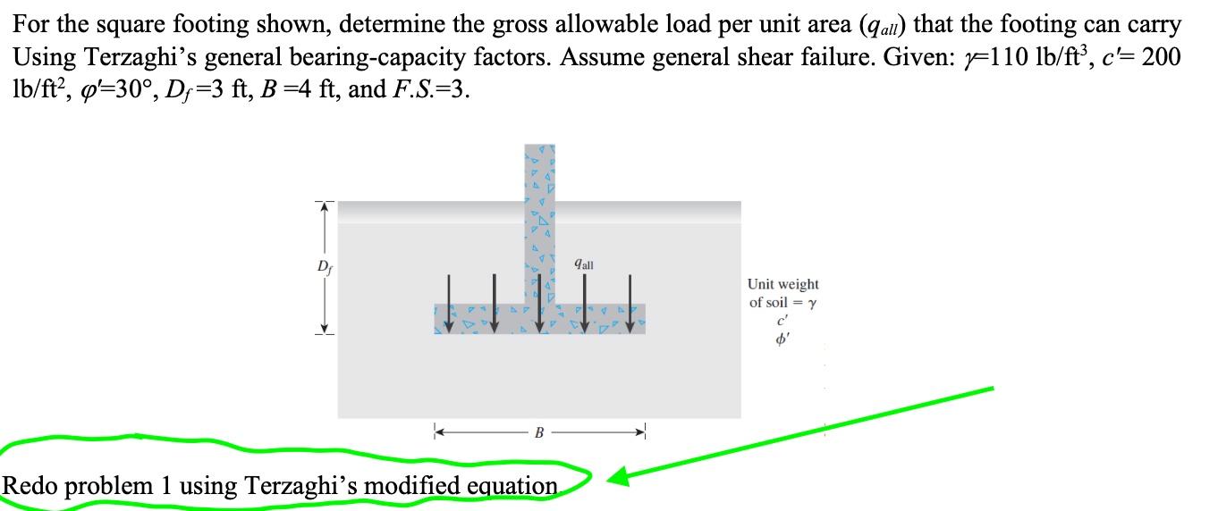 Solved For the square footing shown, determine the gross | Chegg.com