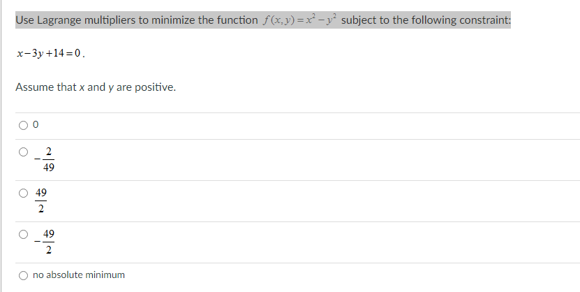 Solved Use Lagrange multipliers to minimize the function | Chegg.com