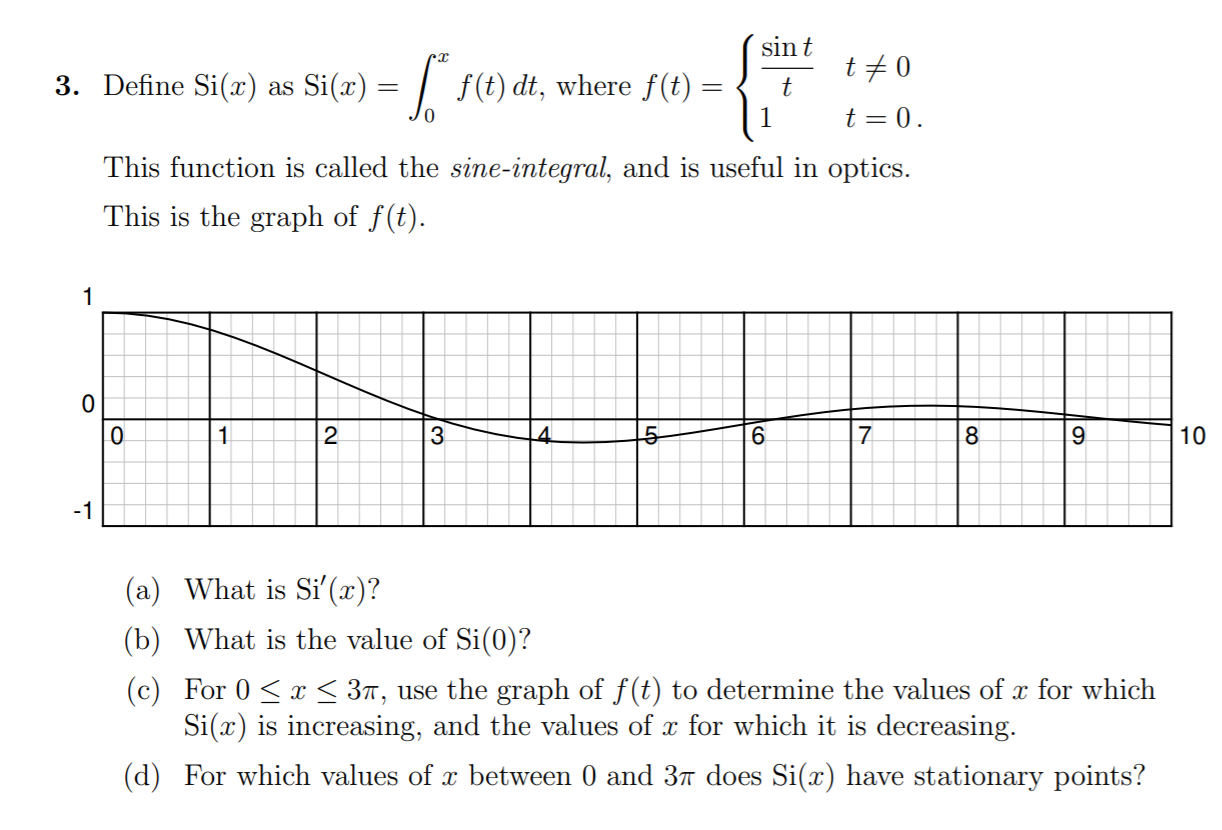 Solved 3. Define Si(x) as Si(x) = 5*5(e) dt, where f(t) sint | Chegg.com