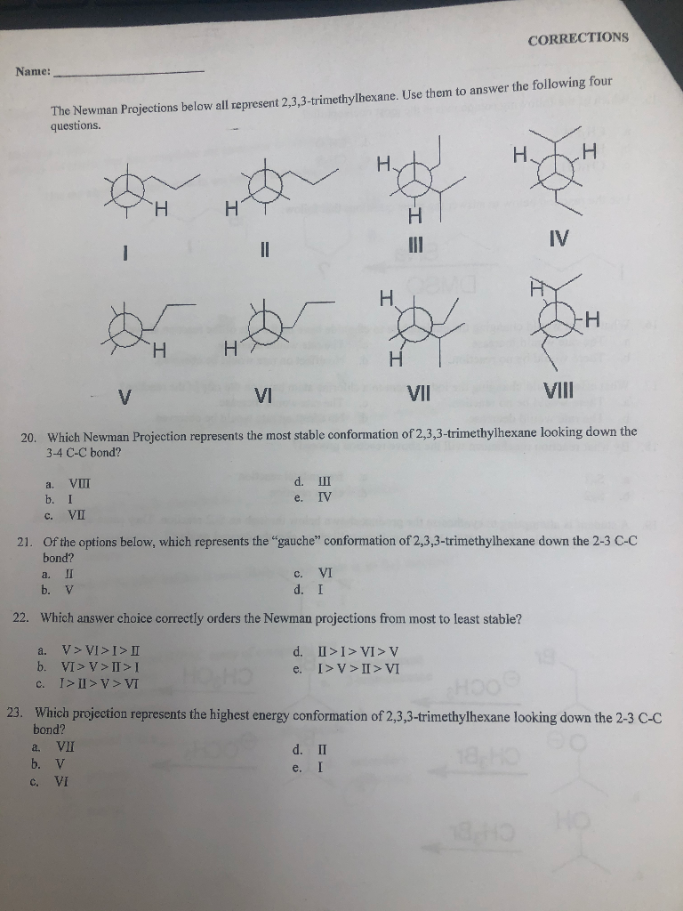 Solved CORRECTIONS Name: The Newman Projections below all | Chegg.com