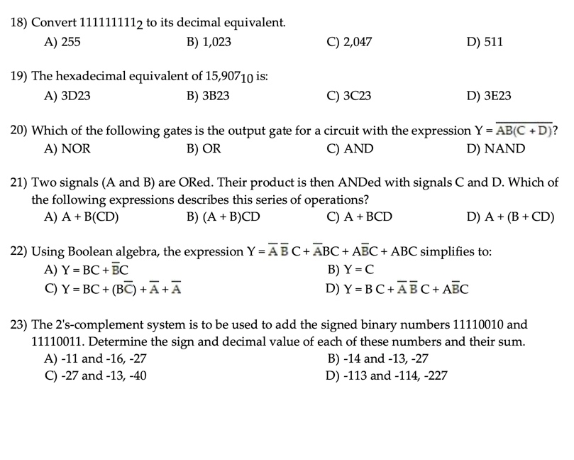 Solved 18) Convert 1111111112 to its decimal equivalent. A) | Chegg.com