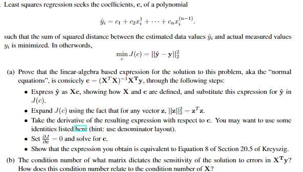 Least squares regression secks the coefficients, c, | Chegg.com