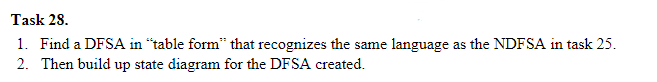 Solved Task 28. 1. Find a DFSA in "table form" that | Chegg.com