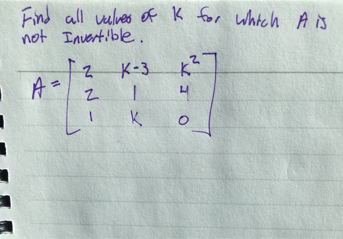 Solved Find all values of K for which A is not invertible. | Chegg.com