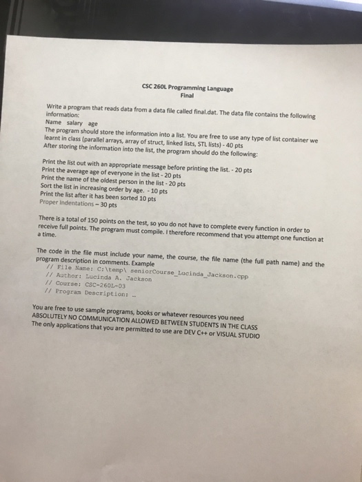 Solved CSC 260L Programming Language Final Write a program | Chegg.com