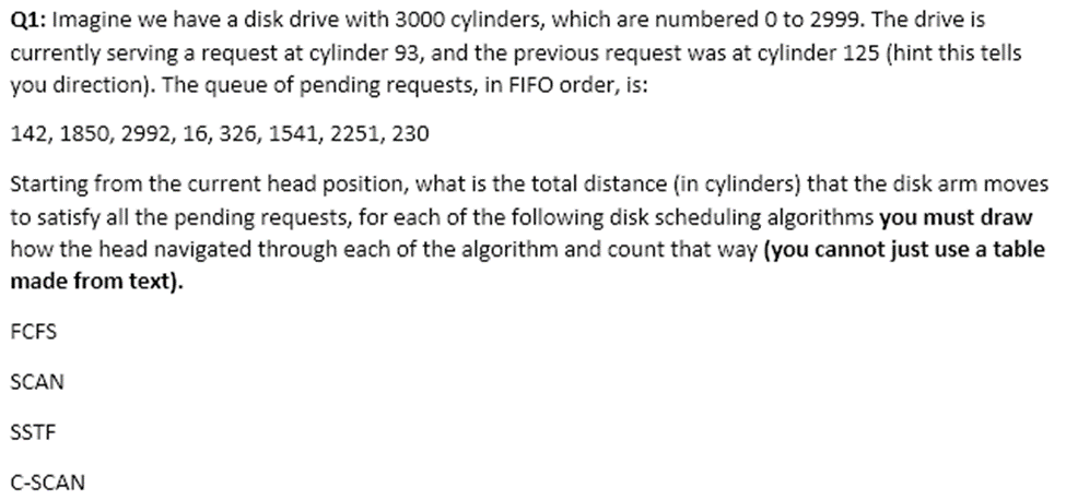 Solved Q1: Imagine we have a disk drive with 3000 cylinders, | Chegg.com