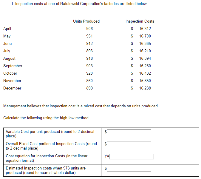 Solved 1. Inspection costs at one of Ratulowski | Chegg.com
