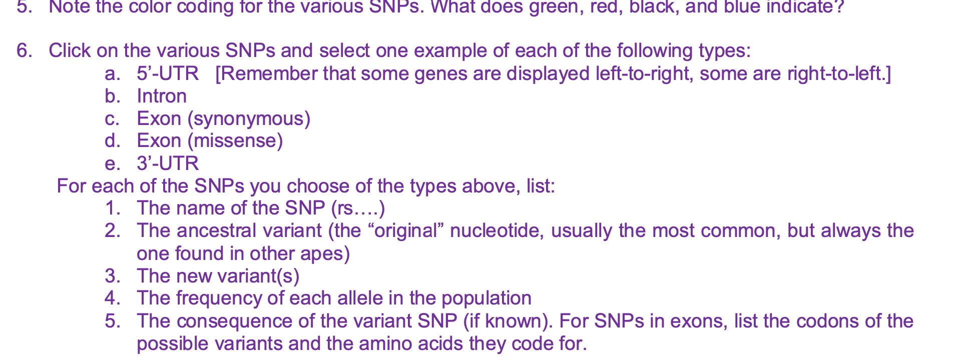 Solved 5. Note the color coding for the various SNPs. What | Chegg.com