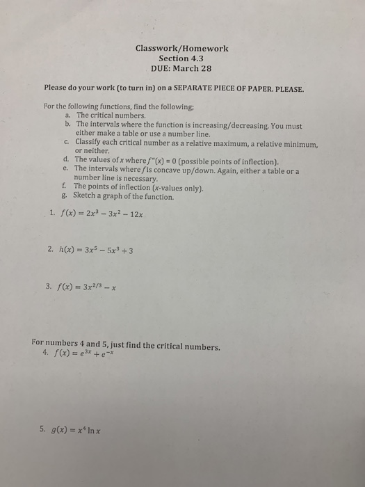 Solved Classwork/Homework Section 4.3 DUE: March 28 Please | Chegg.com