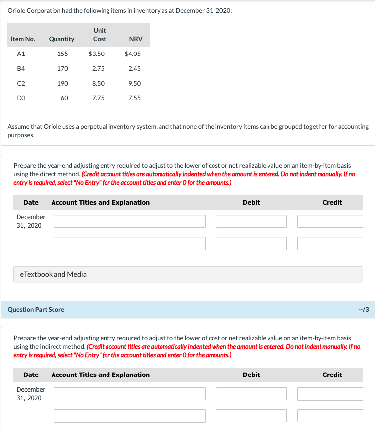 Solved Oriole Corporation had the following items in | Chegg.com