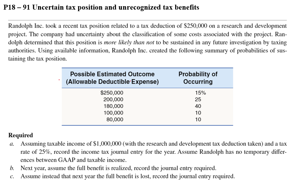 Solved P18 - 91 Uncertain tax position and unrecognized tax | Chegg.com