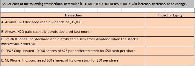 Solved 12. For each of the following transactions, determine | Chegg.com