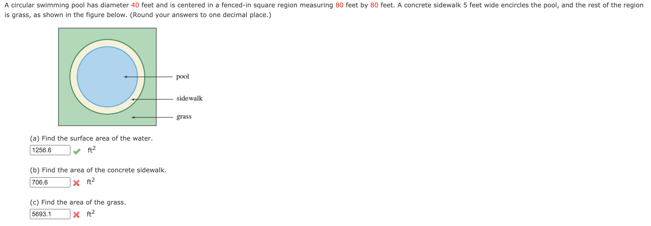 Solved A circular swimming pool has diameter 40 feet and is | Chegg.com