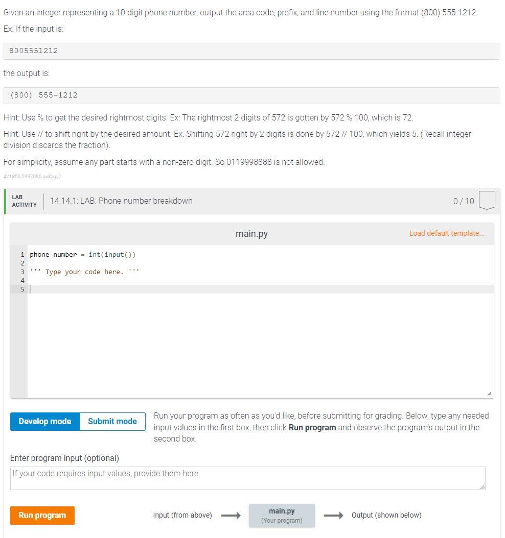 Solved Given an integer representing a 10-digit phone | Chegg.com