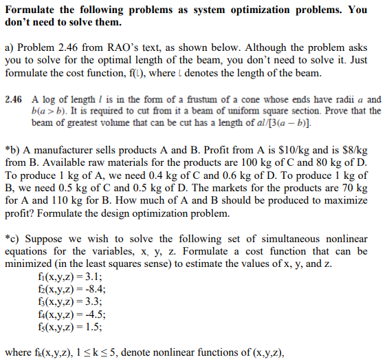 Formulate the following problems as system | Chegg.com