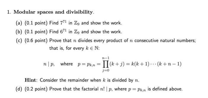 Solved 1. Modular spaces and divisibility. (a) (0.1 point) | Chegg.com