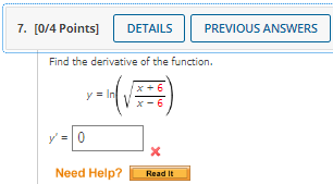 Solved Find the derivative of the function. y=ln(x−6x+6) | Chegg.com