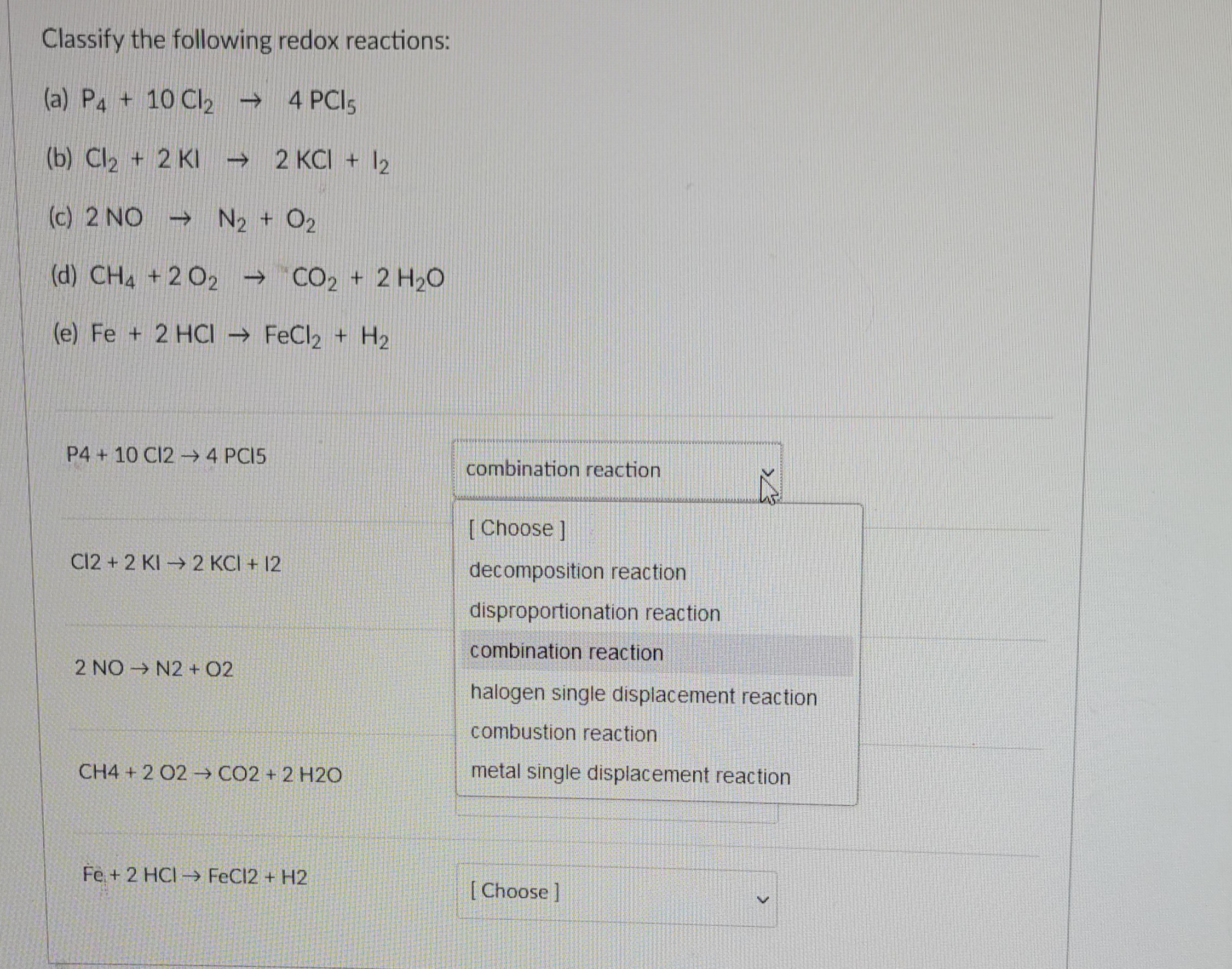 Classify the following redox | Chegg.com