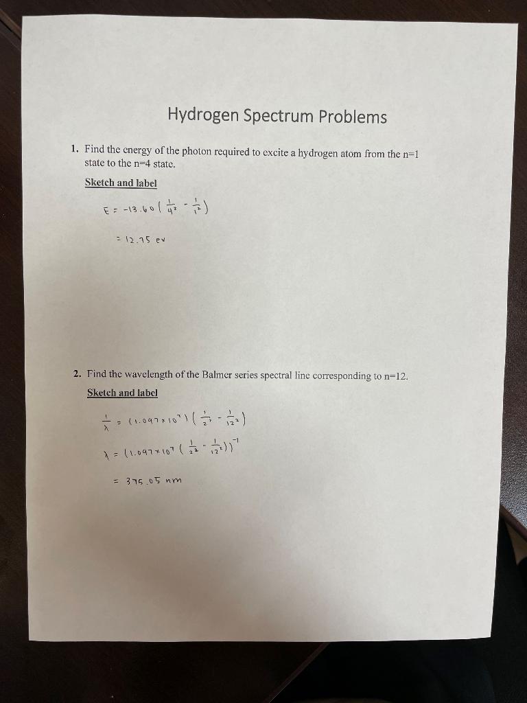 Solved Hydrogen Spectrum Problems 1. Find the energy of the | Chegg.com