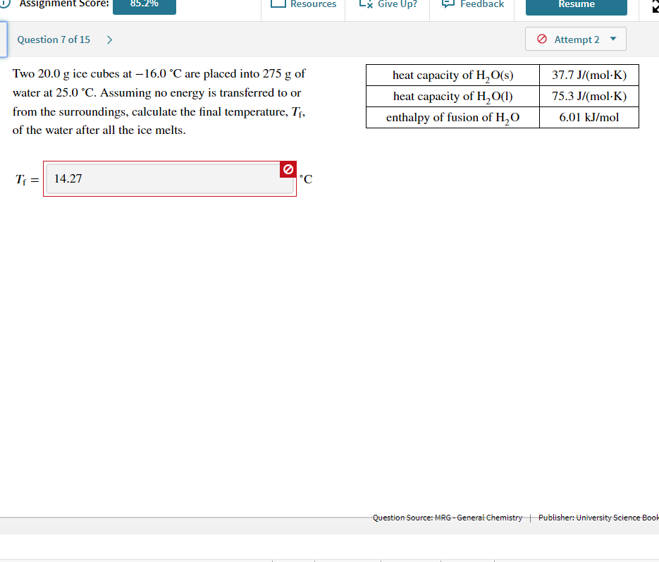 Solved 1 Assignment Score: 85.2% U Resources Lx Give Up? | Chegg.com