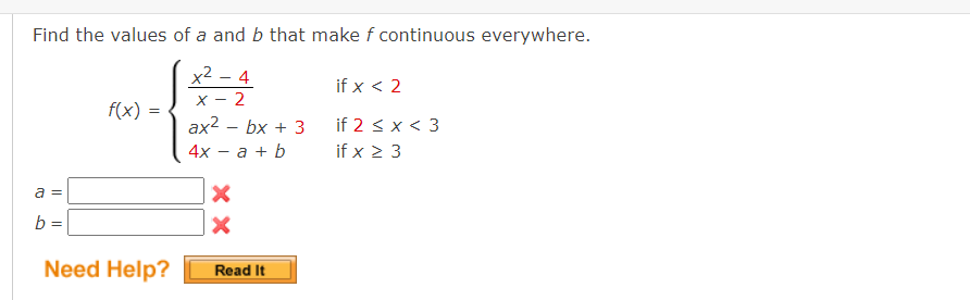 Solved Find the values of a and b that make f continuous | Chegg.com