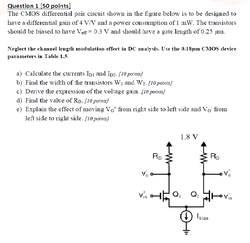 Solved Question 1 (50 points] The CMOS differential pair | Chegg.com