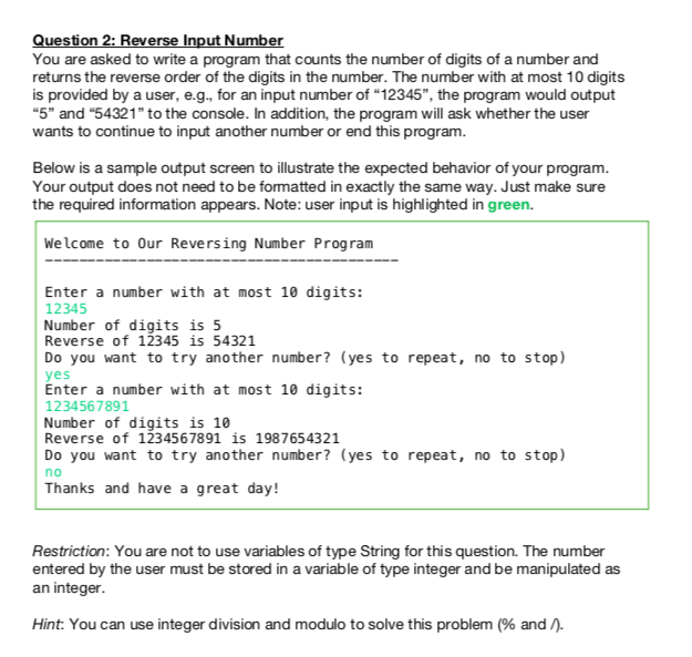 Solved Question 2: Reverse Input Number You are asked to | Chegg.com
