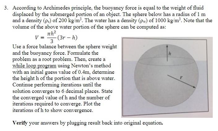 Solved According to Archimedes principle, the buoyancy force | Chegg.com