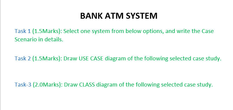 Solved BANK ATM SYSTEM Task 1 (1.5Marks): Select one system | Chegg.com
