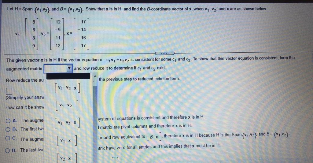 Solved Let H=Span {V1, V2) and B = {1, 2} Show that x is in | Chegg.com