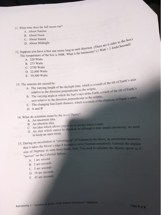 Solved 11. What time does the full moon rise? A. About | Chegg.com