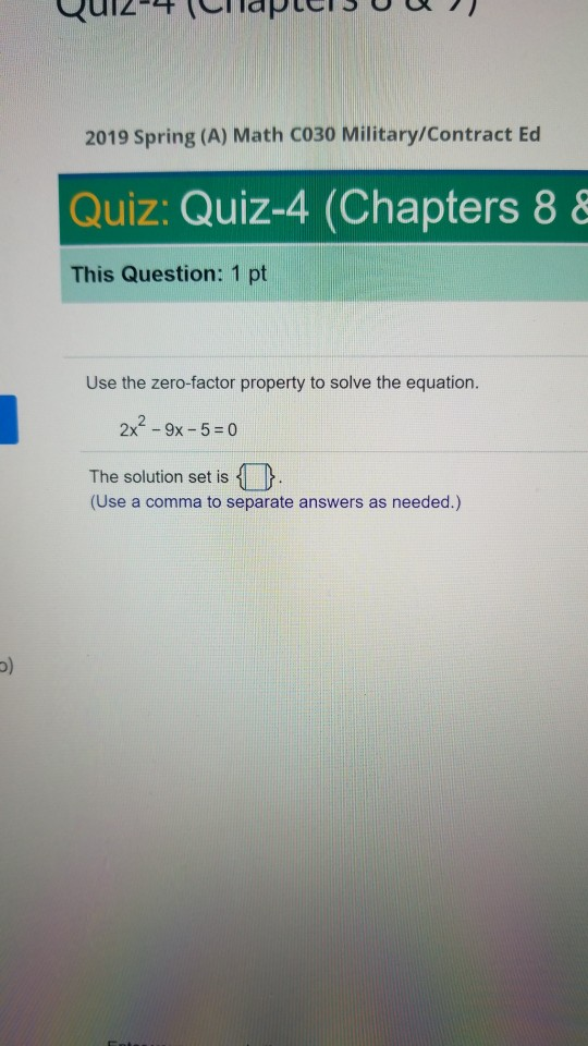 Solved 2019 Spring (A) Math CO30 Military/Contract Ed Quiz: | Chegg.com