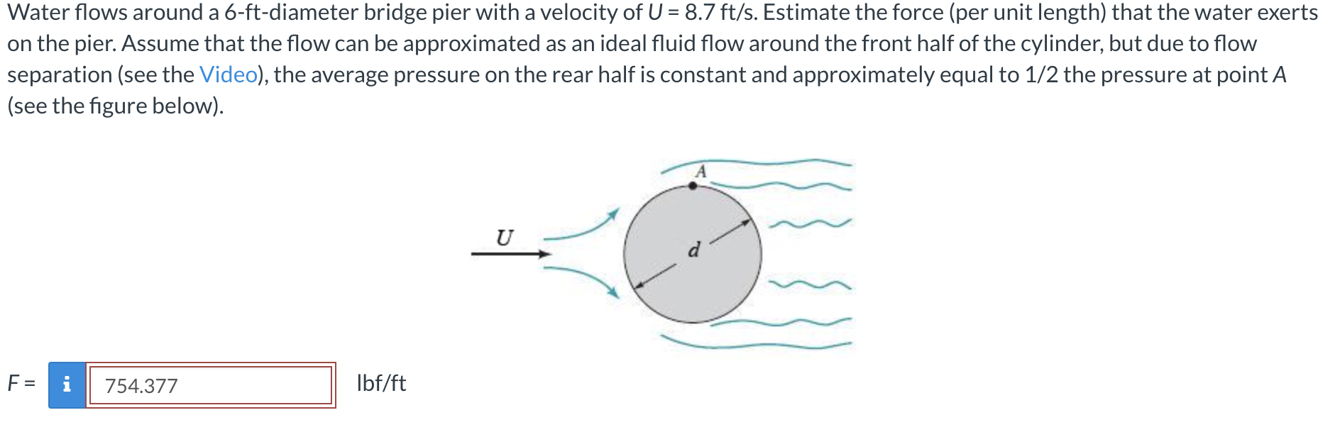 Solved Water flows around a 6-ft-diameter bridge pier with a | Chegg.com