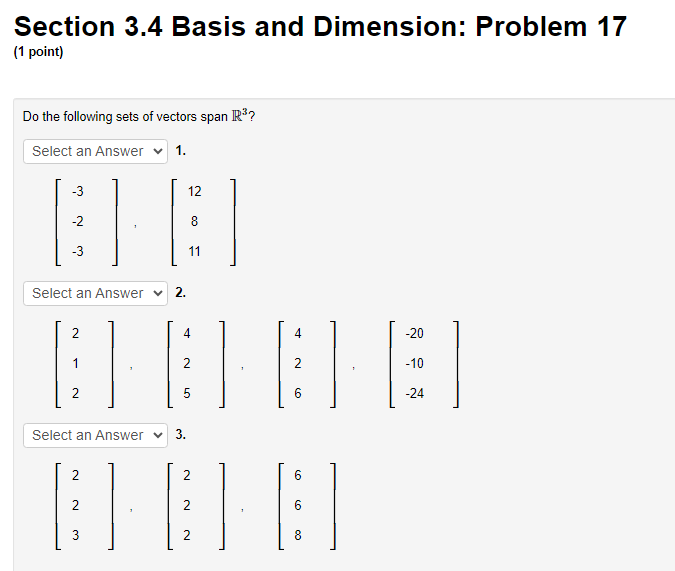 Section 3.4 Basis and Dimension: Problem 17 (1 point) | Chegg.com
