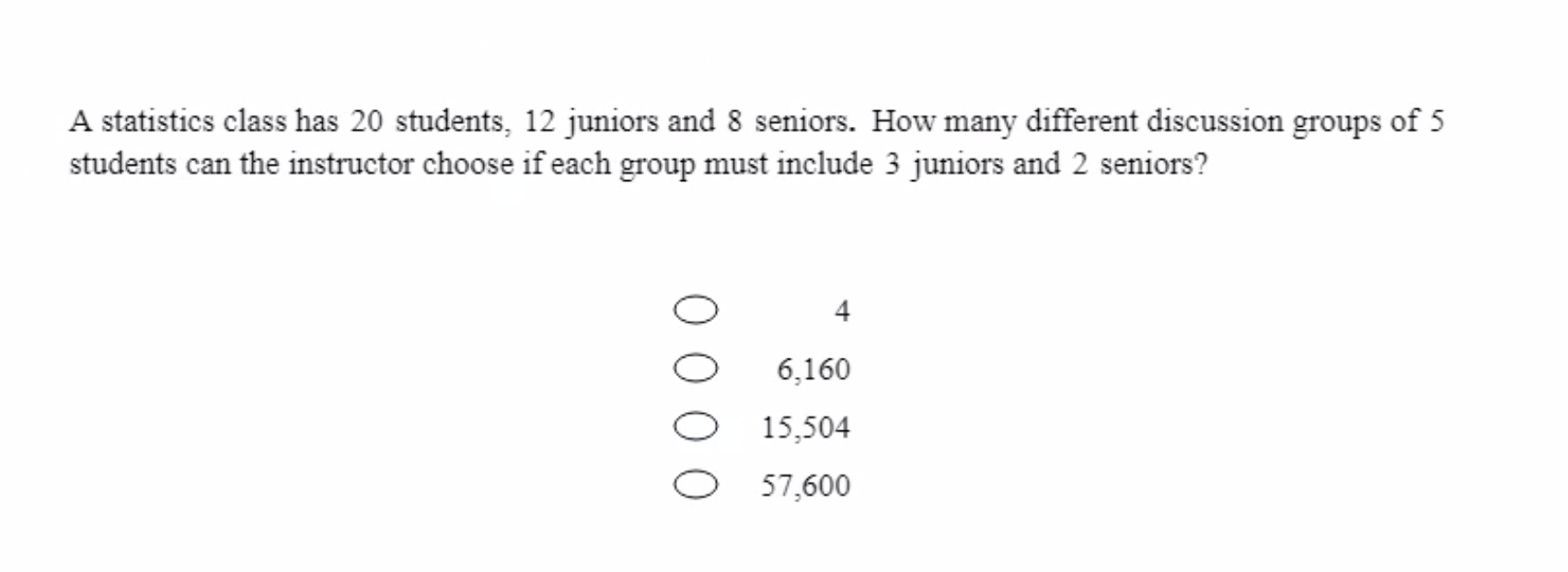 Solved A statistics class has 20 students, 12 juniors and 8 | Chegg.com