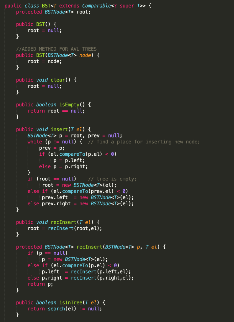 Solved 1) NOTE: Use the only given BST, AVLTree, BSTNode. | Chegg.com Solved 1) NOTE: Use the only given BST, AVLTree, BSTNode. | Chegg.com